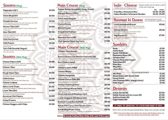 Menu at Saffron's Spice restaurant, Cheadle