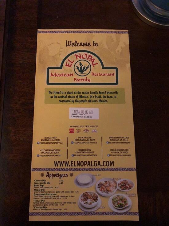 Menu at El Nopal Mexican Restaurant, Cartersville, 540 Old Mill Rd