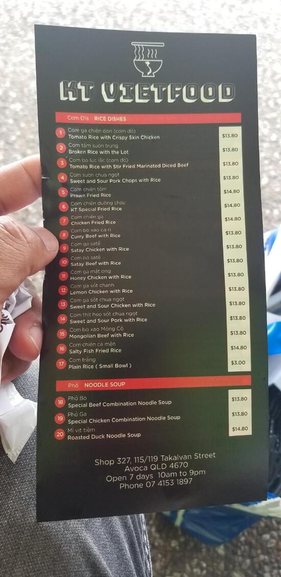 Menu at KT VietFood restaurant, Avoca