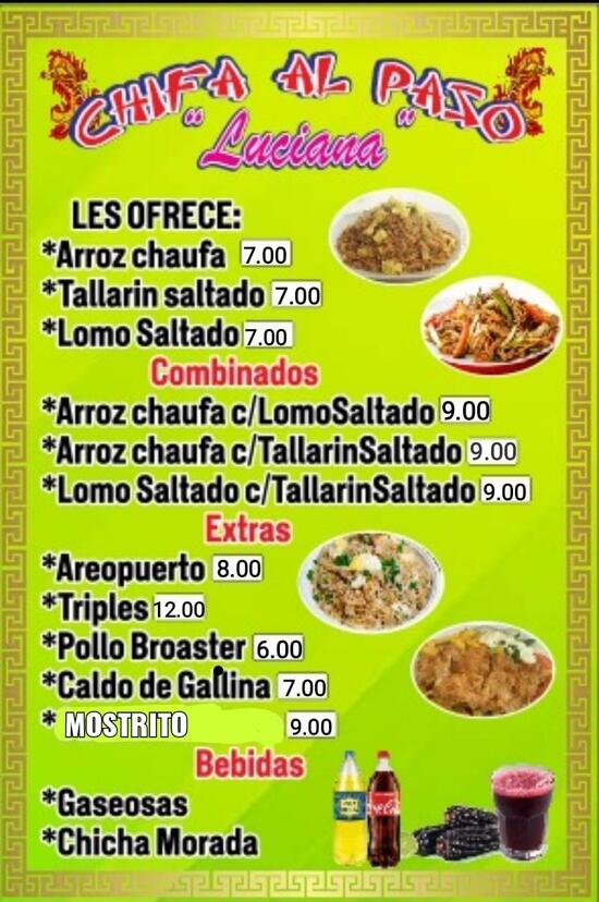 Menu at CHIFA AL PASO "LUCIANA" restaurant, Nazca