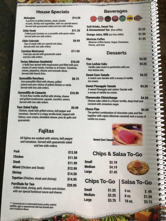 Menu at Zandunga Mexican Restaurant, Oak Ridge