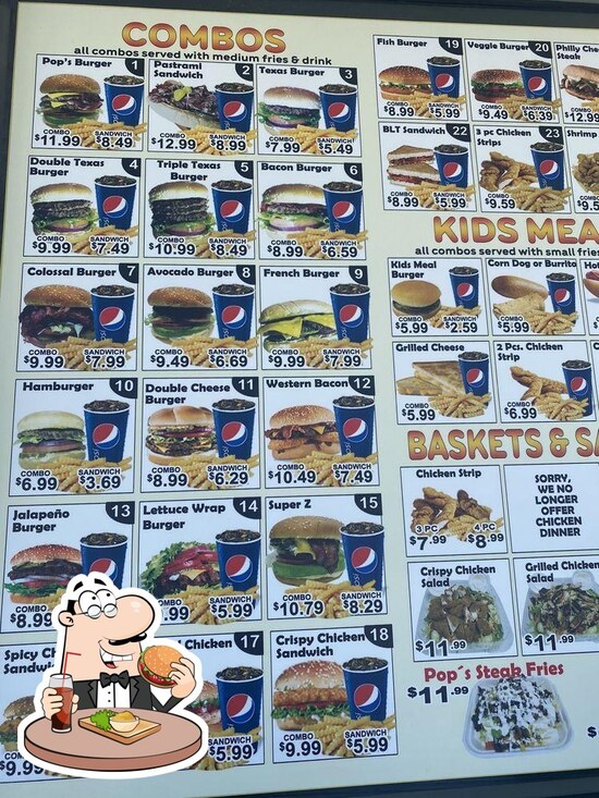 Menu at Pop's Burger's restaurant, Bakersfield, Taft Hwy