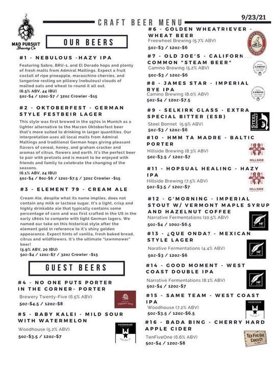Menu at Mad Pursuit Brewing Company, Hollister