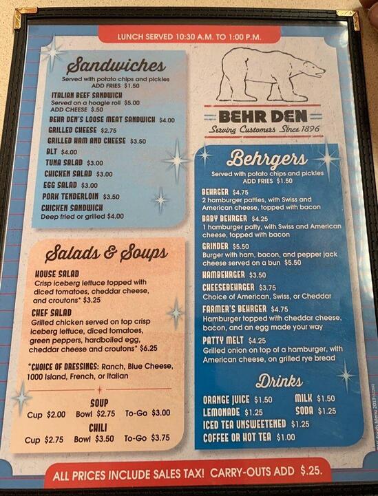 Menu at Behr Den Restaurant, Rockford