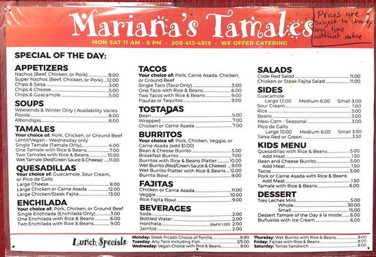 Menu at Mariana's Tamales restaurant, Clarkston