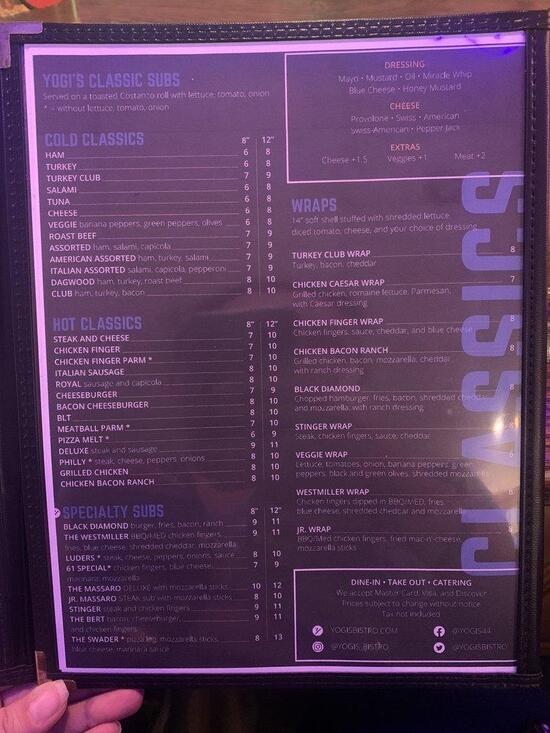 Menu at Yogi's Brick Oven Bistro pizzeria, Akron