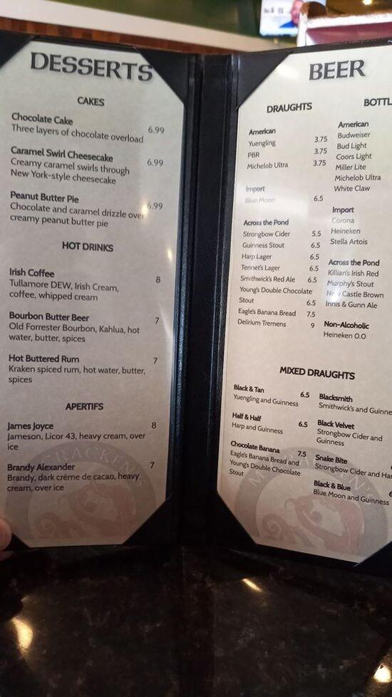 Menu at McCracken's Irish Pub, Leesburg