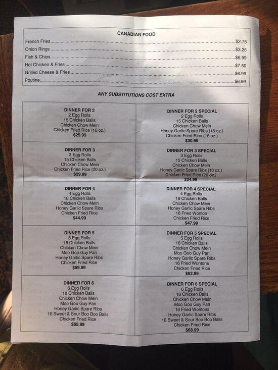 Menu at Tran's Place restaurant, Moncton