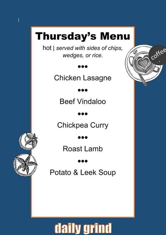Menu at Daily Grind cafe, Tiwi