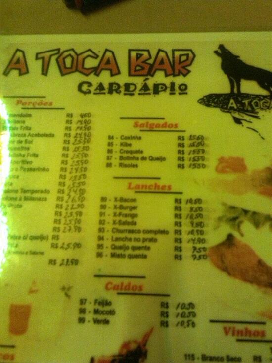 Menu at A Toca Bar, Atibaia