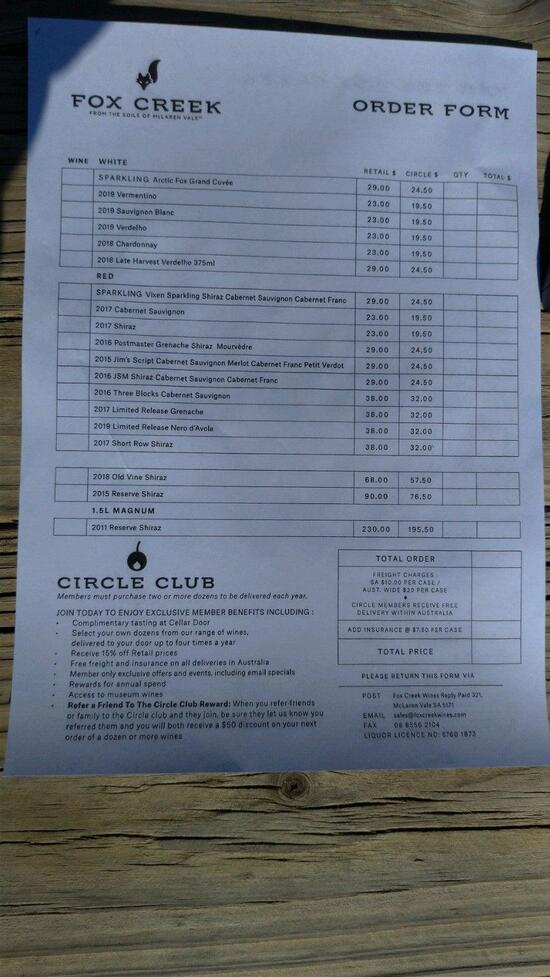 Menu at Fox Creek Wines, McLaren Vale