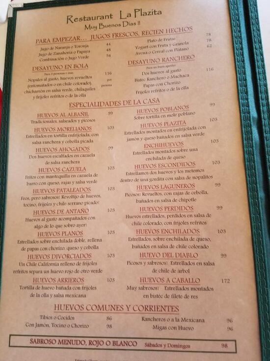 Carta del restaurante La Plazita, Mexicali