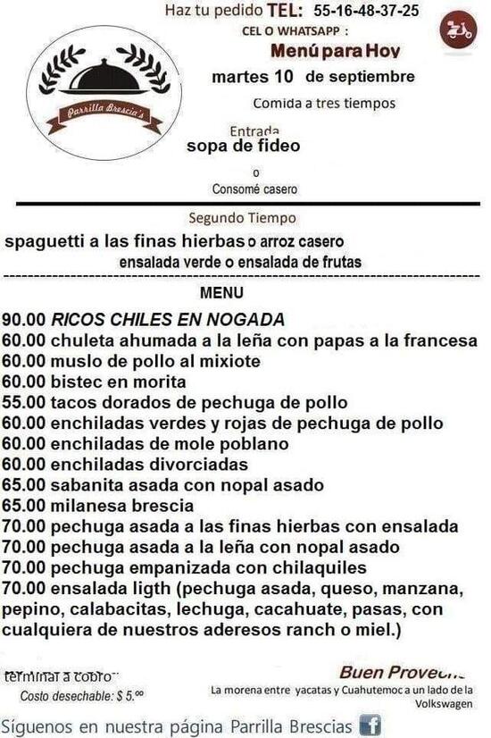 Menu at Parrilla Brescias, Mexico City