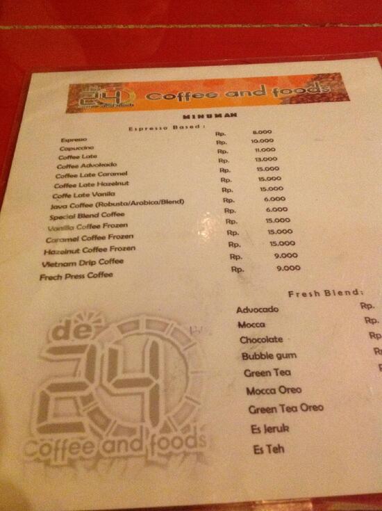 Menu at de 24 Coffee and Foods cafe, Palangkaraya, Jl. Sangga Buana