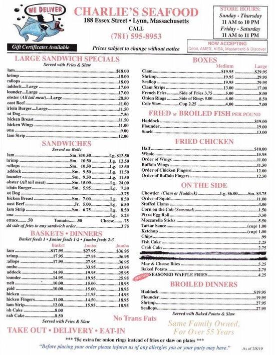 Menu at Charlie's restaurant, Lynn