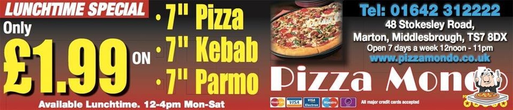 Menu at Pizza Mondo fast food, Middlesbrough