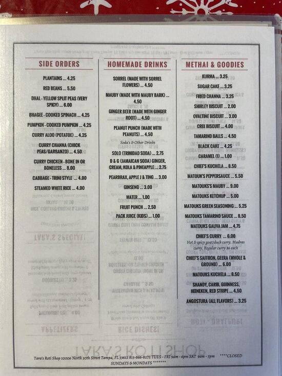 Menu at Tara's Roti Shop restaurant, Tampa