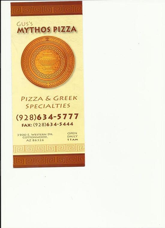 Menu at Gus's Mythos Pizza & Greek restaurant, Cottonwood
