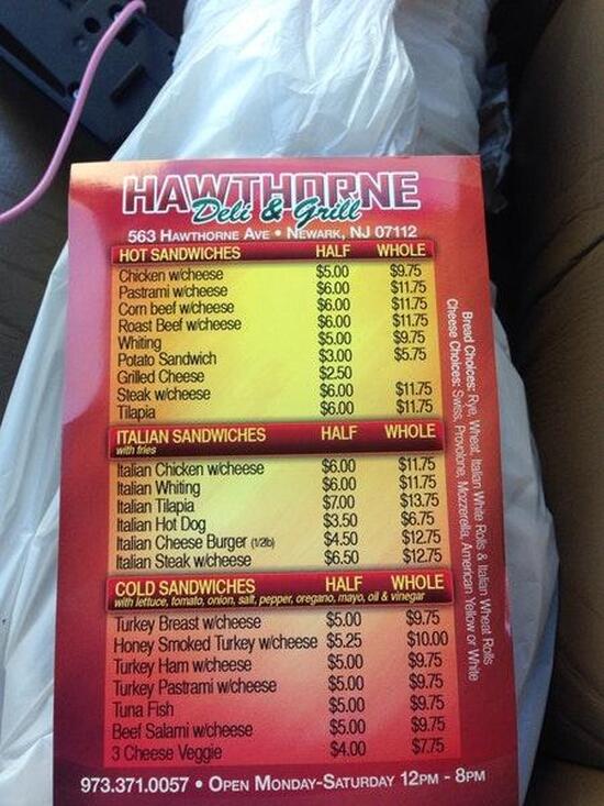 Menu at Hawthorne Deli & Grill restaurant, Newark