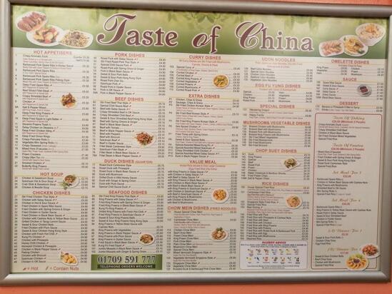 Menu at Taste Of China - Rotherham restaurant, Mexborough