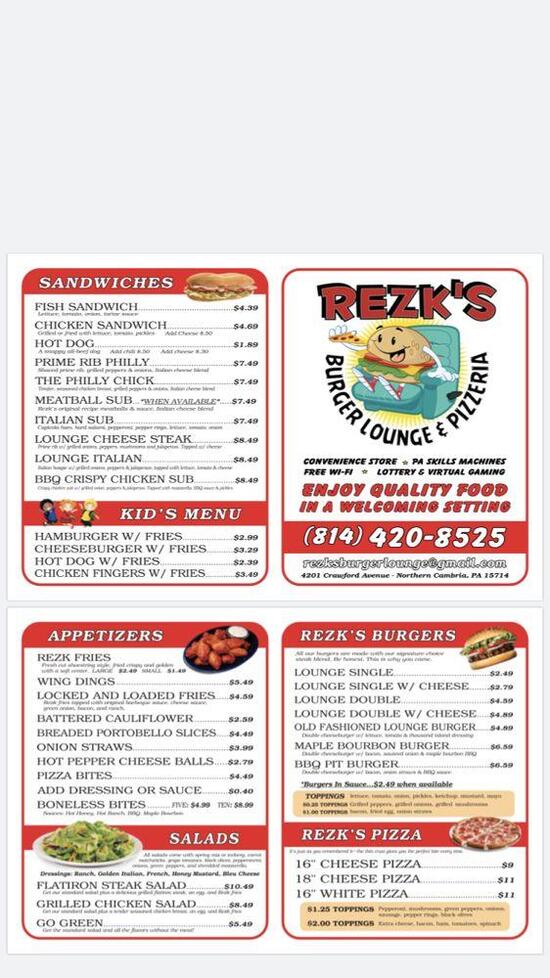 Menu at Rezks Burger Lounge pizzeria, Northern Cambria
