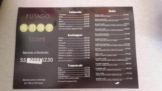 Menu at FUTAGO SUSHI restaurant, Acopilco