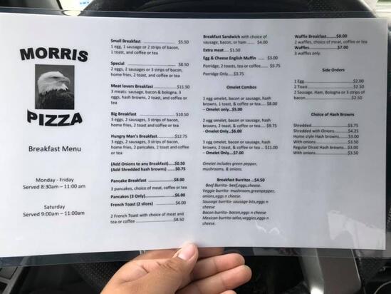 Menu at Morris Pizza restaurant, Eskasoni