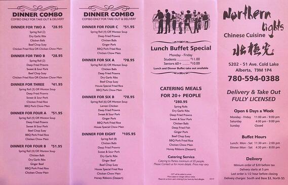 Menu at Northern Lights Chinese Cuisine restaurant, Cold Lake