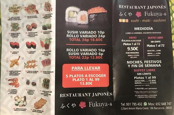 Menu at Fukuya 8 restaurant, Barcelona, Carrer de Sant Antoni Maria Claret