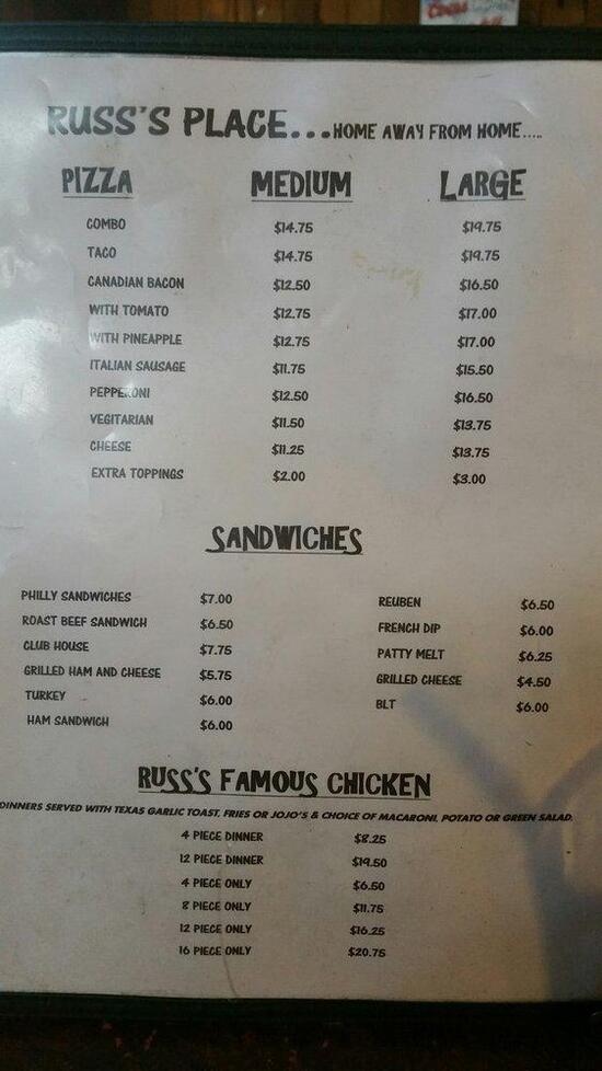 Menu at Russ's Place restaurant, Umatilla