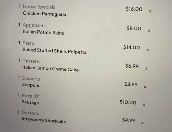 Menu at Marco's restaurant, Lewiston