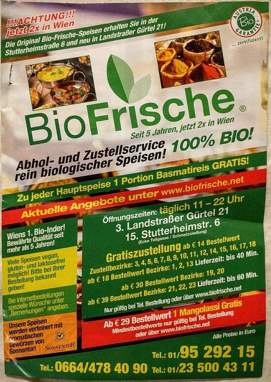 Menu at Biofrische restaurant, Vienna, Stutterheimstraße 6