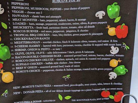 Menu at Rosco's Pizza restaurant, Prince George