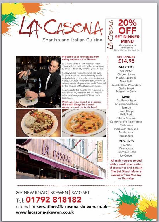 Menu at La Casona restaurant, Skewen