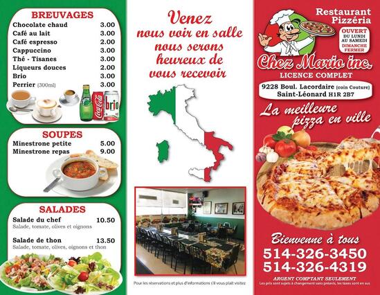 Menu at Pizzeria Chez Mario, Montréal