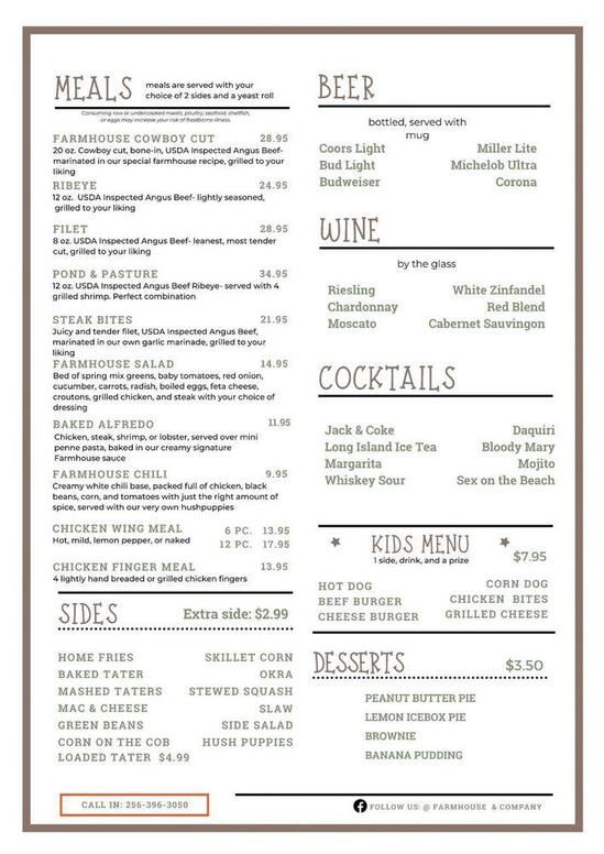 Menu at Farmhouse & Co. pub & bar, Lineville