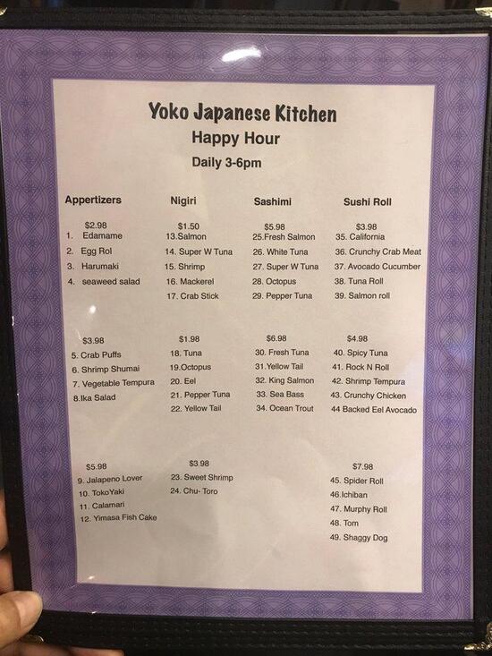 Menu at Yoko Japanese Kitchen restaurant, Cypress