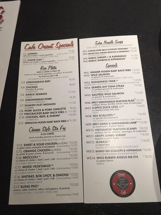 Menu at Cafe Orient, Los Angeles