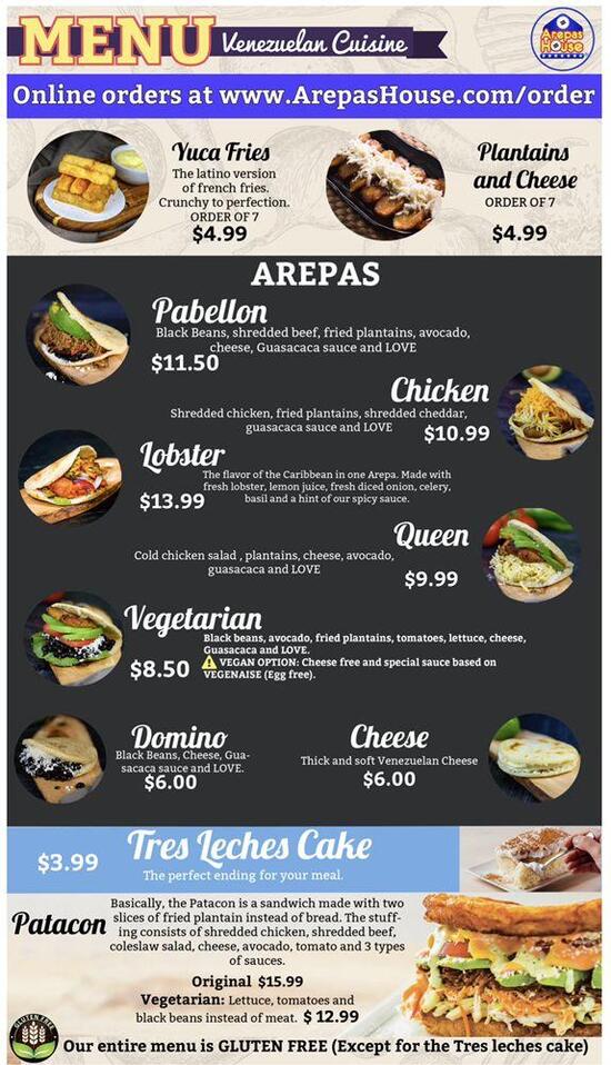Menu at Arepas House restaurant, Edgewater, W 20th Ave Unit 112