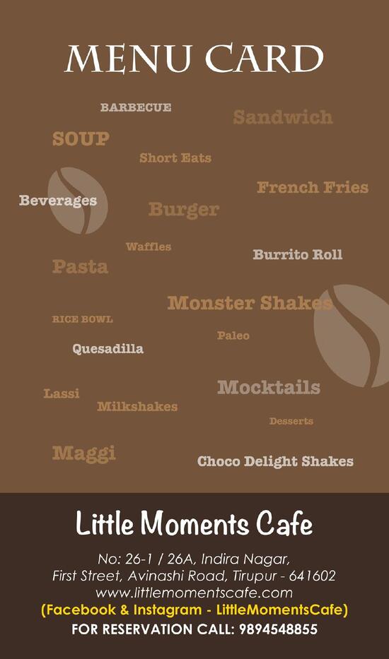 Menu at Little Moments Cafe, Tiruppur