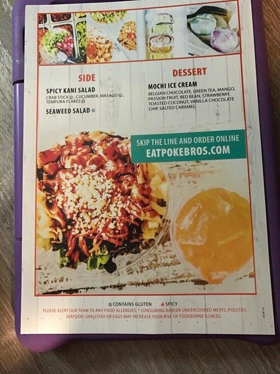 Menu at Poke Bros. restaurant, Washington Township