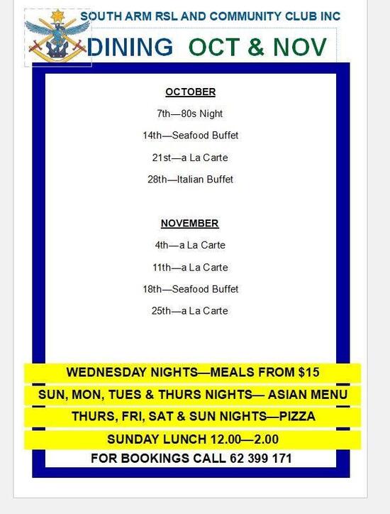 Menu at South Arm RSL pub & bar, South Arm