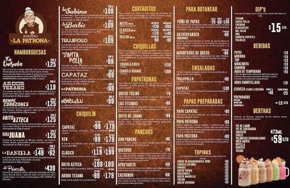 Menu at La Patrona restaurant, Valente Díaz