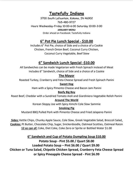 Menu at Tastefully Indiana desserts, Kokomo