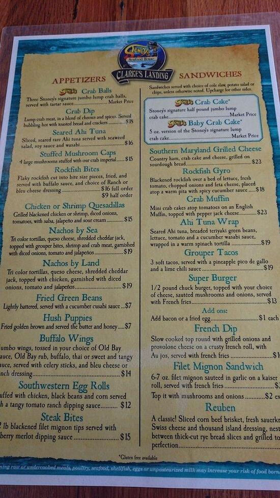 Menu at Clarke's Landing Restaurant, Hollywood