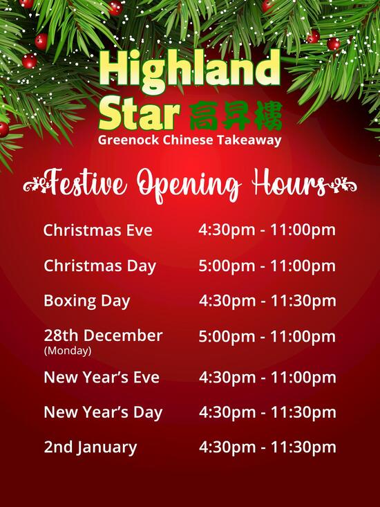 Menu at Highland Star Chinese Take Away fast food, Greenock