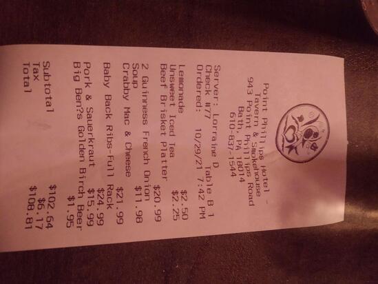 Menu at Point Phillips Hotel restaurant, Danielsville