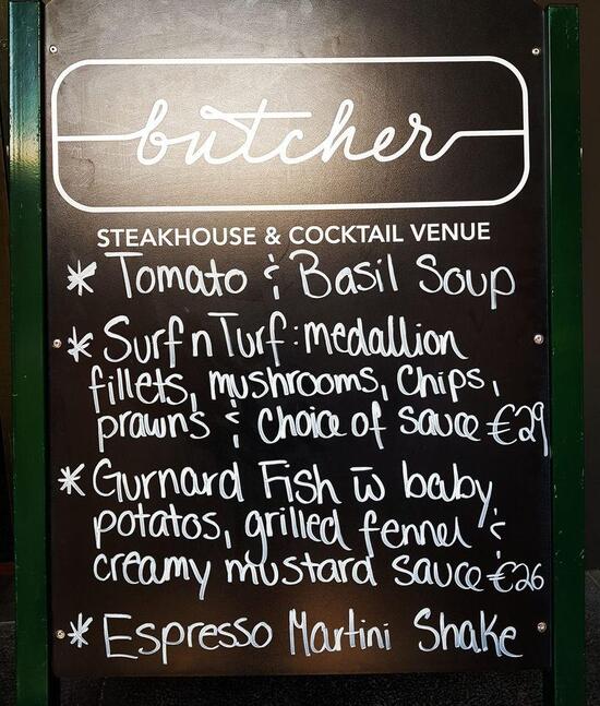 Menu at Butcher Restaurant, Kilkenny