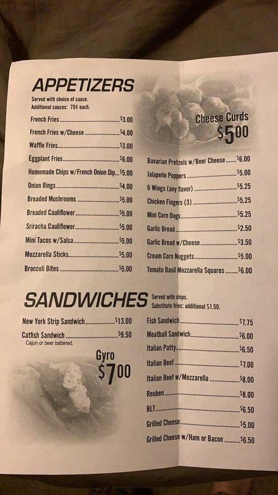 Menu at countryside pub, Burlington