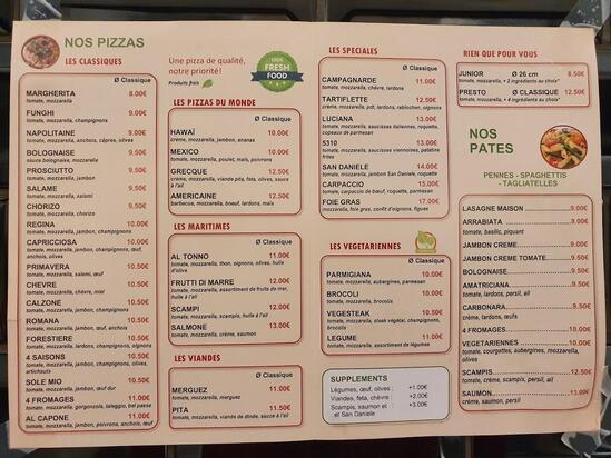 Menu au Pizza Presto, Eghezee